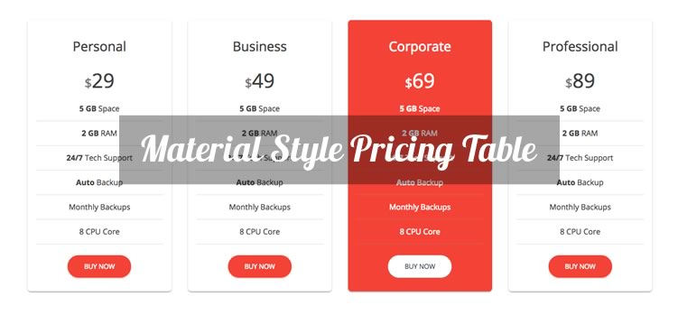 Material Style Free Bootstrap Pricing Table | Bootstrap Themes